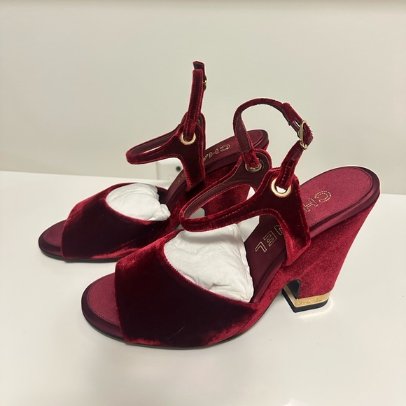 CHANEL | Shoes | Chanel Red Burgundy Velvet Heeled Sandals Eu 385 ...